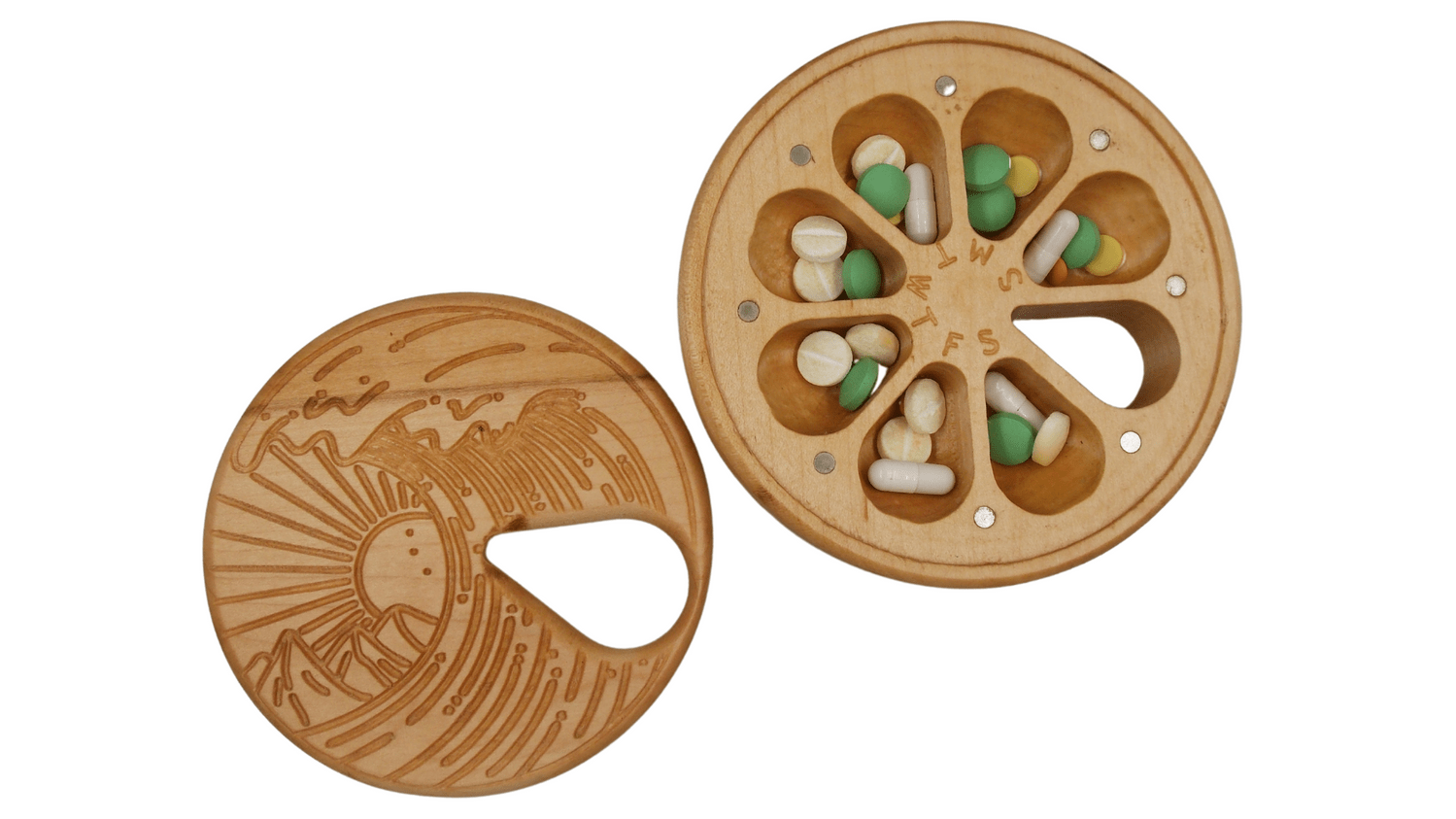ROUND WOODEN PILL BOX - SUN WITH WAVES – JTNLAB